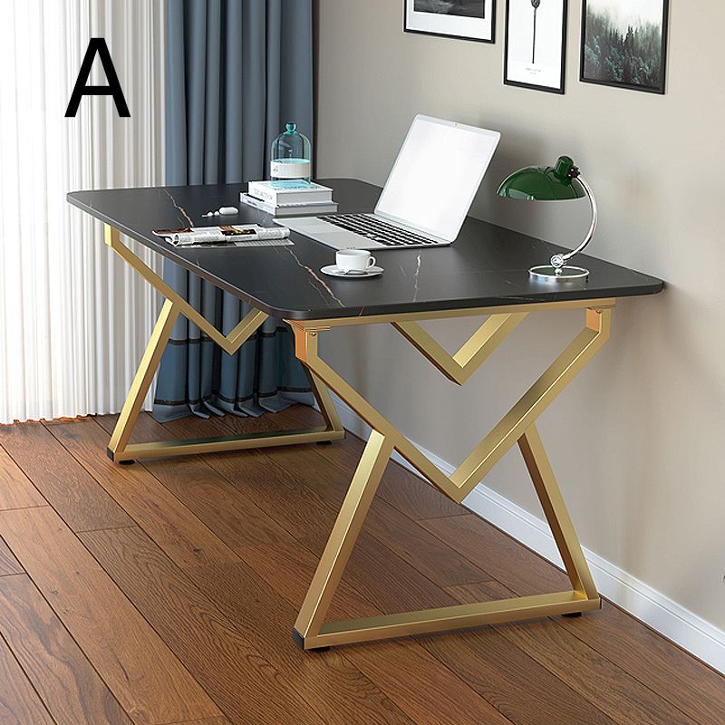 Modern Black Writing Desk Stone Top & Gold Metal Frame