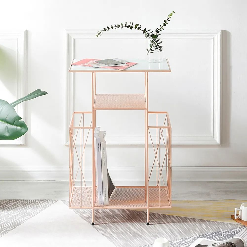 Pink End Table with Storage 3-Tiered Side Table Metal