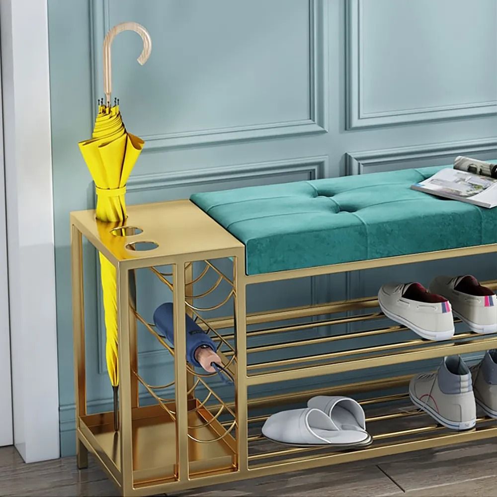 Entryway Foyer Shoe Storage Bench With Umbrella Stand Green Velvet
