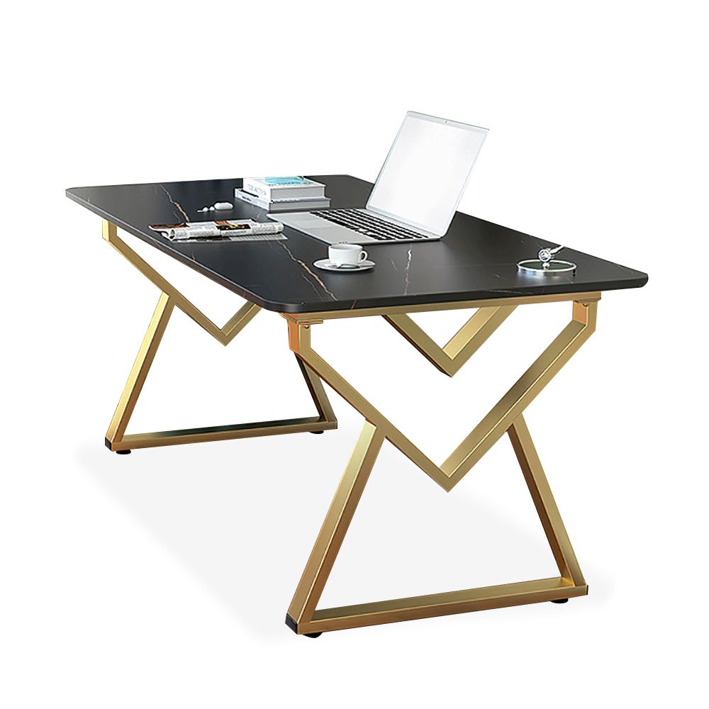 Modern Black Writing Desk Stone Top & Gold Metal Frame
