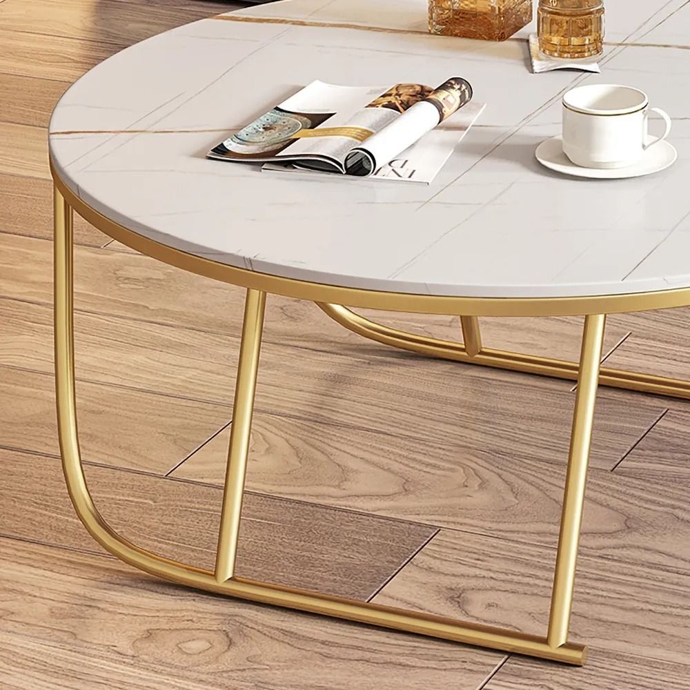 White Modern Coffee Table Metal Legs with Stone Tabletop