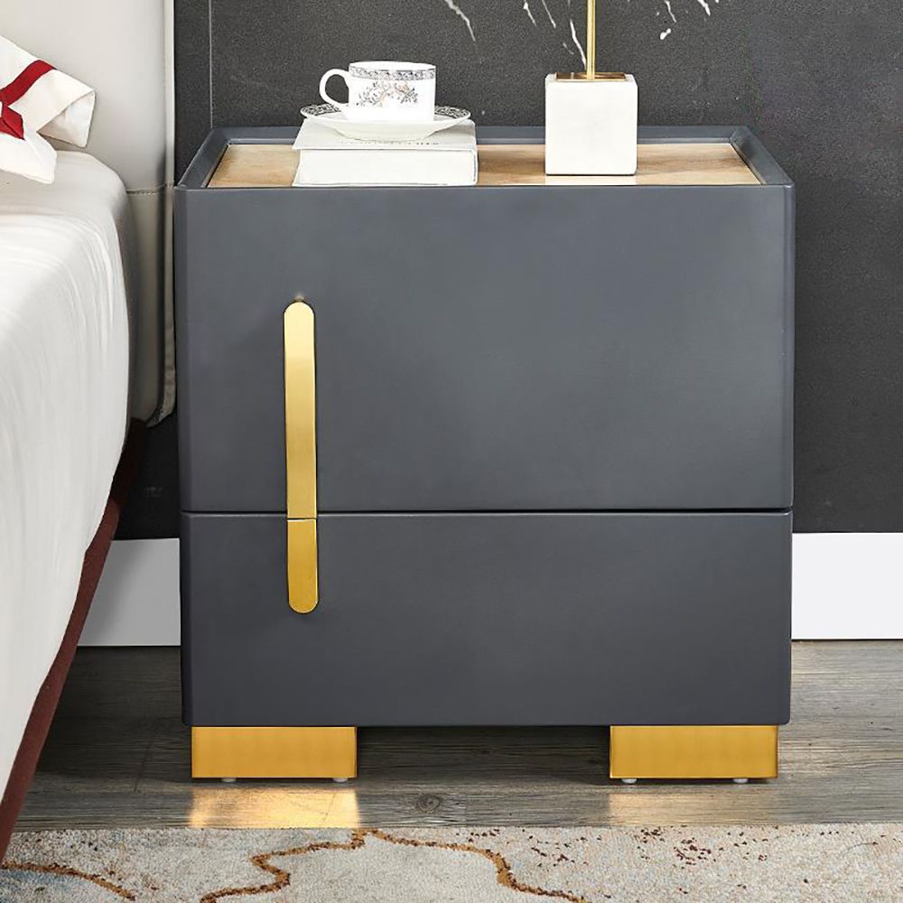 Modern Gray Nightstand Stone Top Bedside Cabinet with 2 Drawers in Gold