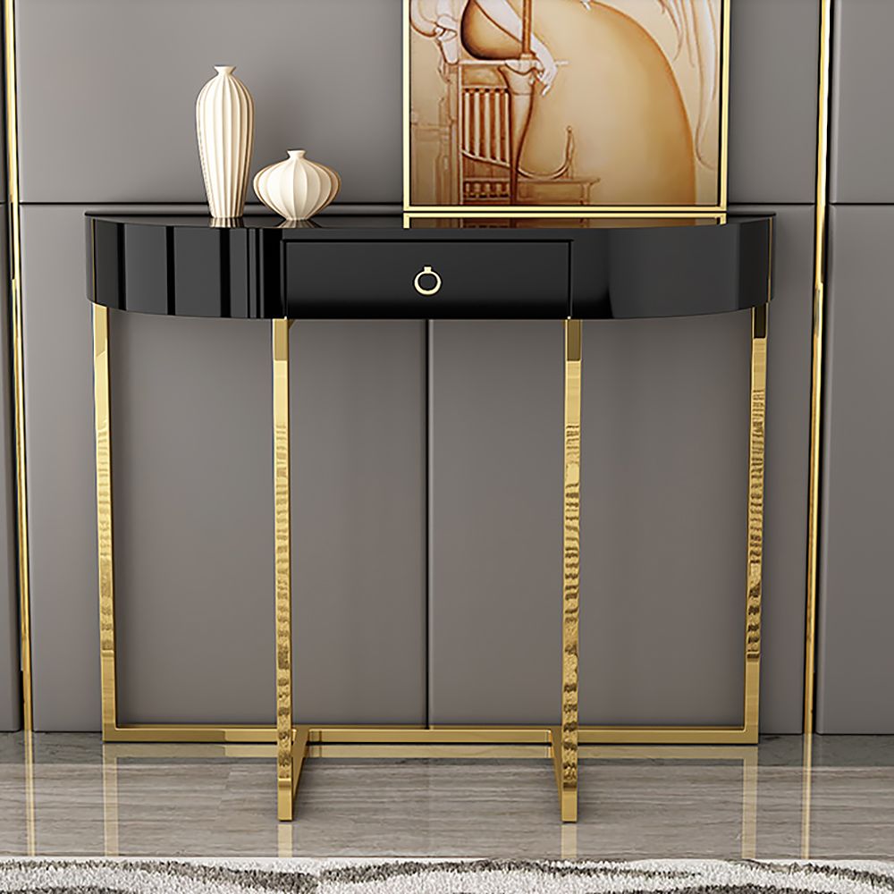 Black Small Demilune Console Table with Storage 1 Drawer Gold Hardware ...