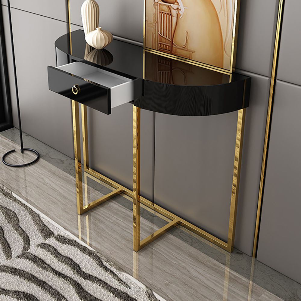 Black Small Demilune Console Table with Storage 1 Drawer Gold Hardware ...