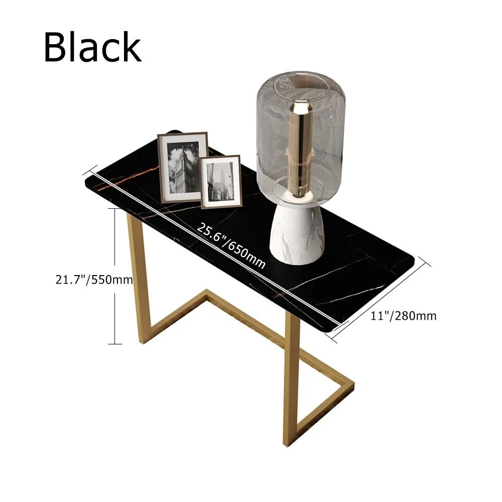 Black End Table with Stone Tabletop Rectangular Side Table