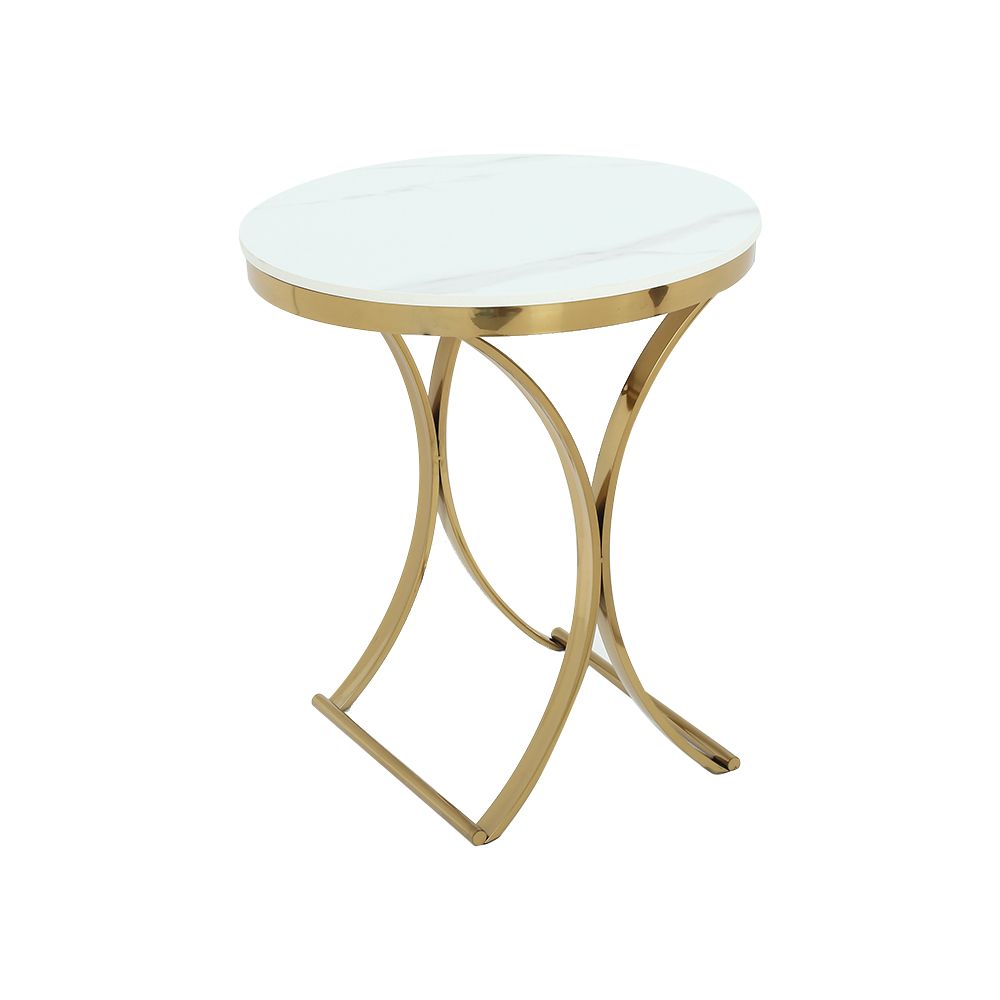Modern Luxurious Round White Stone Side Table X-Base End Table in Gold