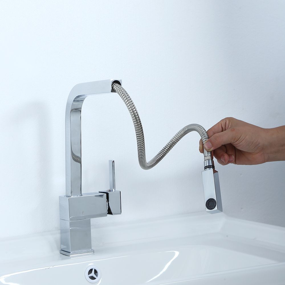 Contemporary Single Handle Square Pull-Out Brass Kitchen Faucet in ...