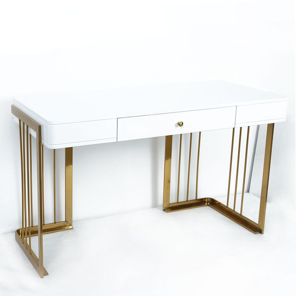 Glossy White Writing Desk with Drawer Modern 47" Office Desk Gold Base
