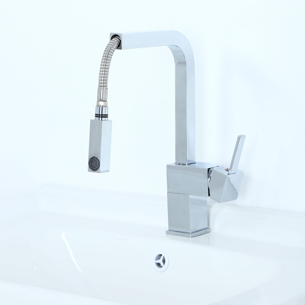 Contemporary Single Handle Square Pull-Out Brass Kitchen Faucet in ...