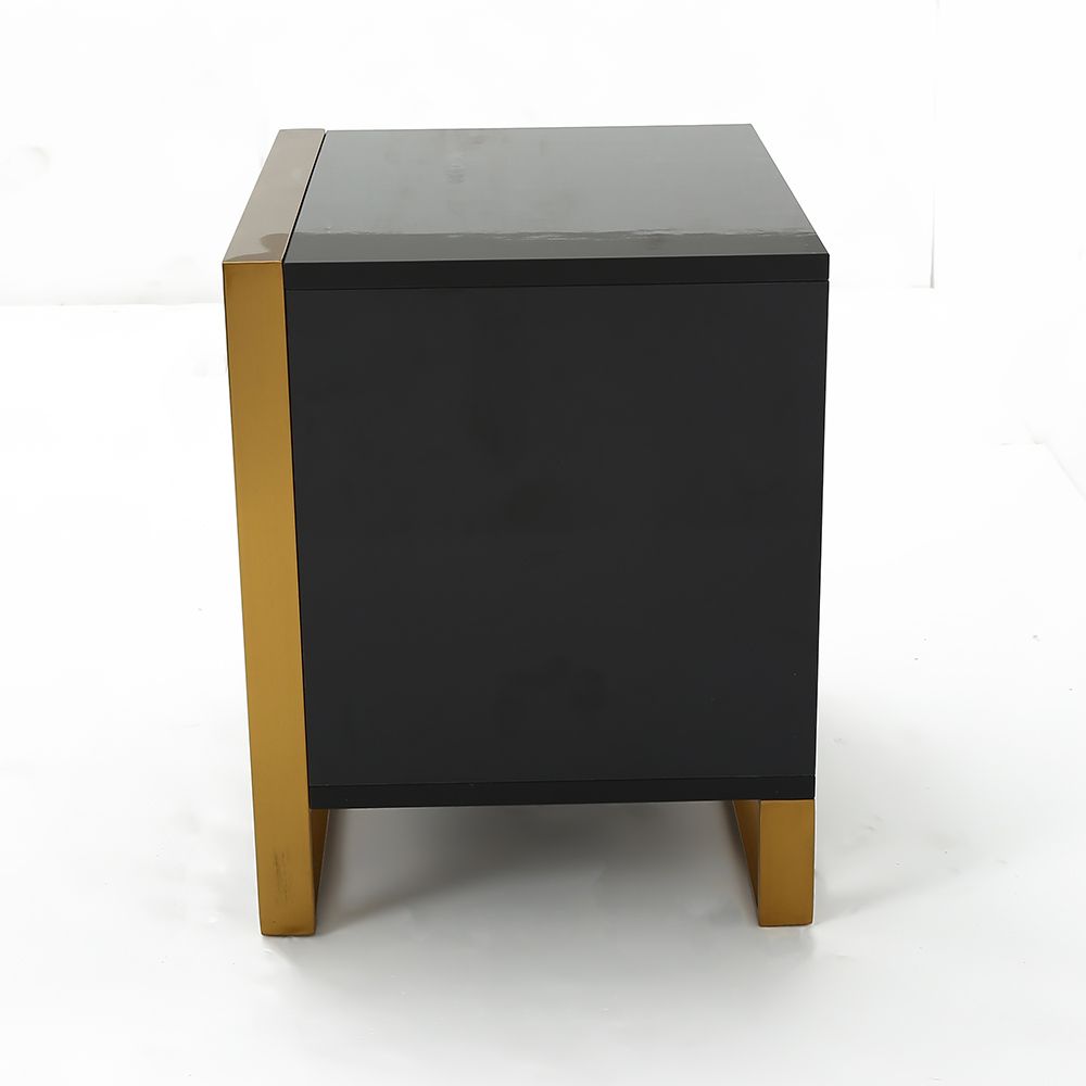 Modern 2 Drawers Black Lacquer Nightstand in Gold