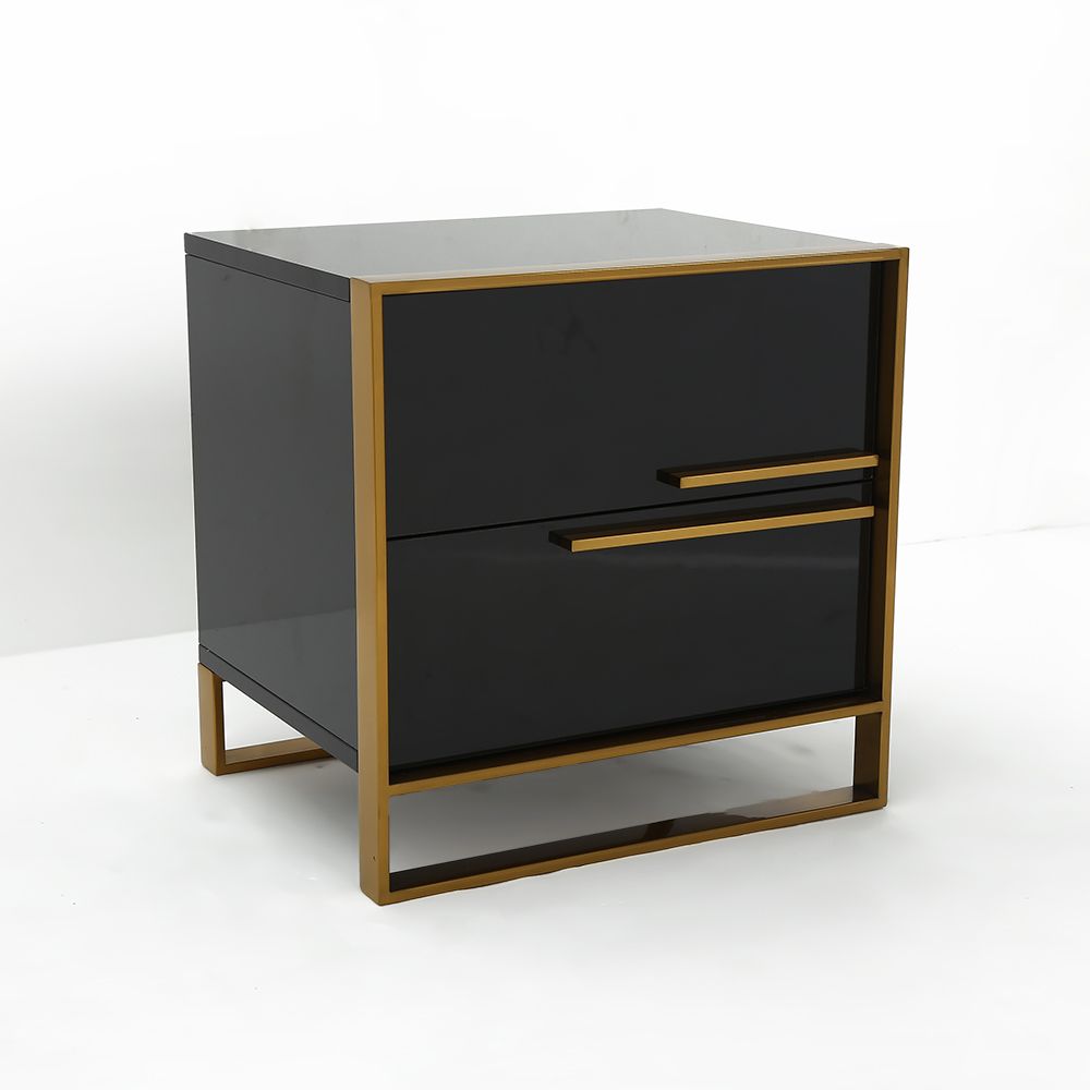 Modern 2 Drawers Black Lacquer Nightstand in Gold