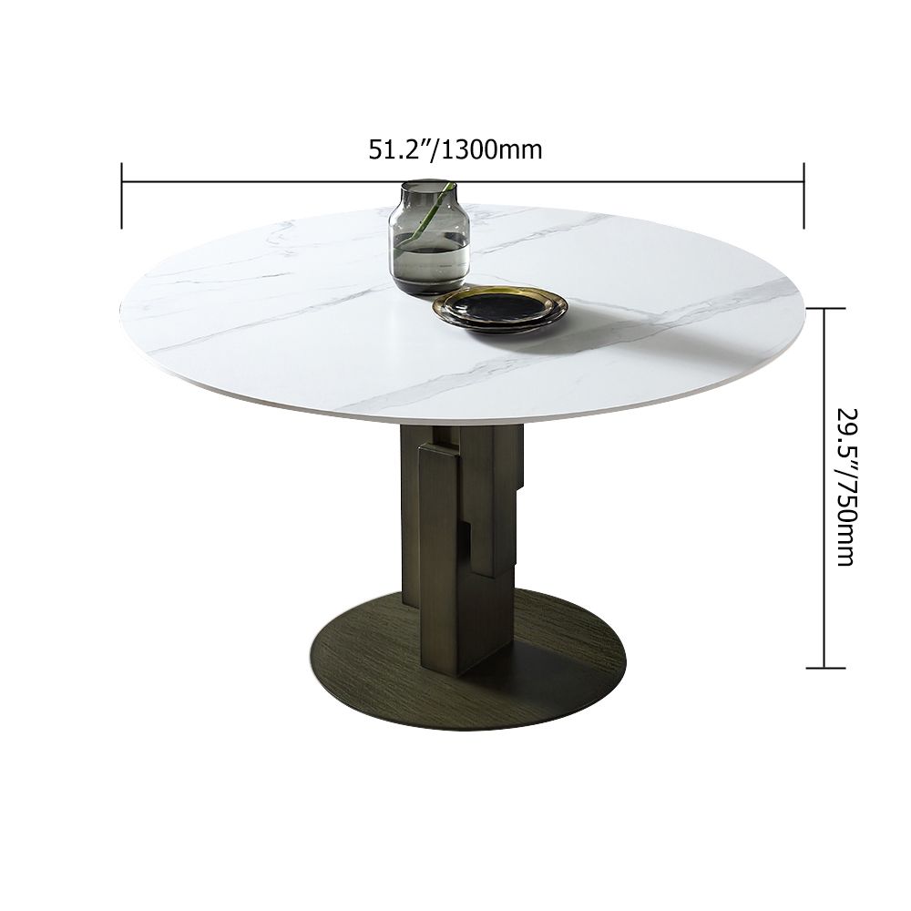 Modern Round Dining Table with White Stone Top & Carbon Steel Base