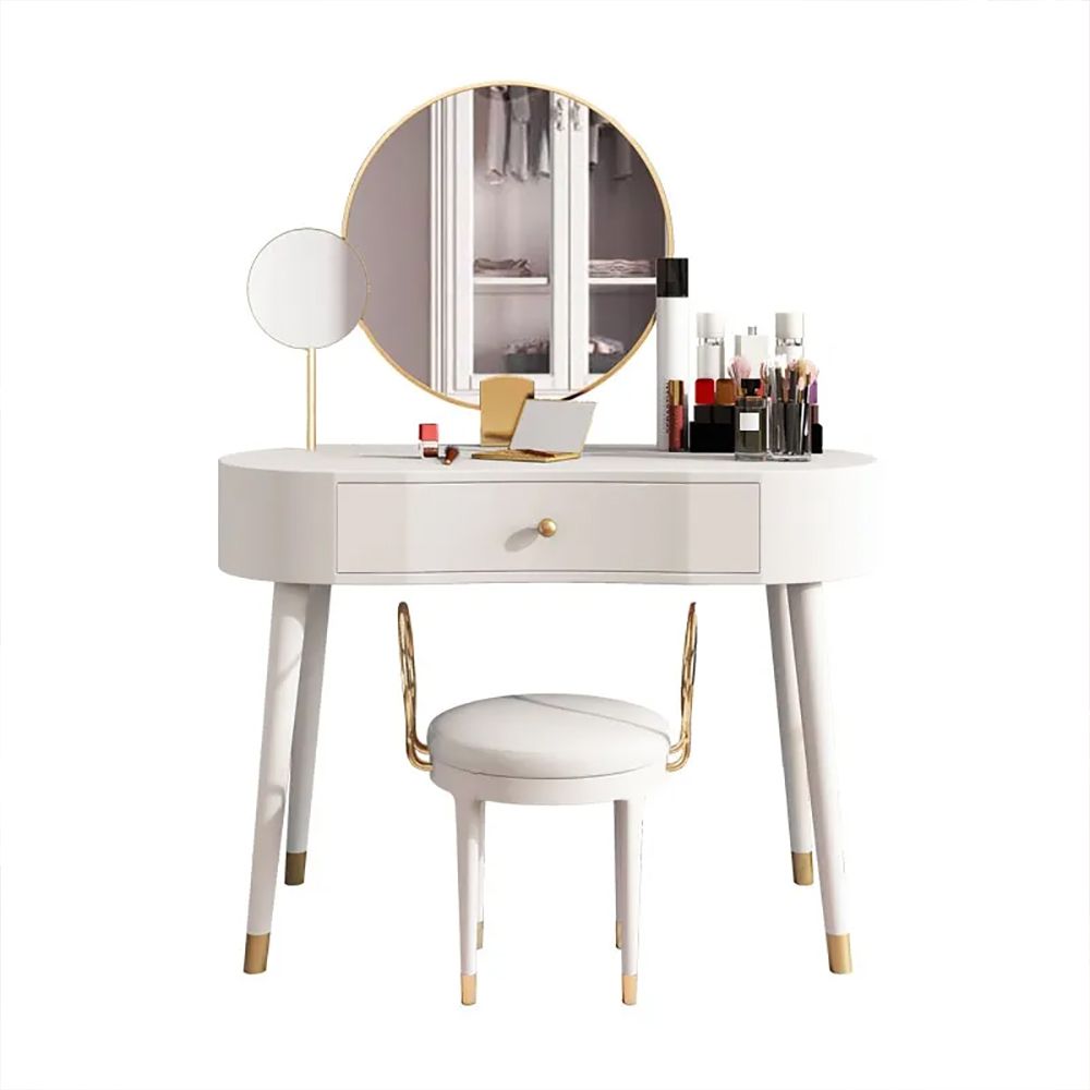 Elegant Makeup Vanity Table Set 2 Mirrors with Drawer & Stool Brushed Gold White