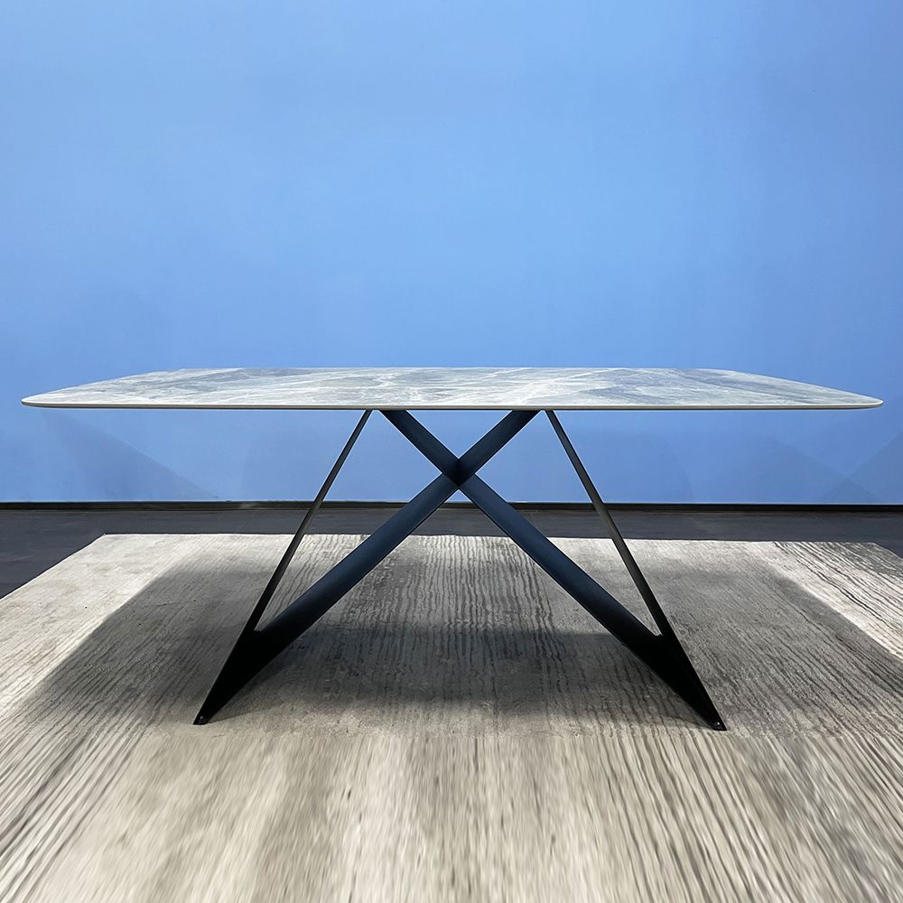 Modern Rectangle Stone-Top Dining Table with X-Shaped Pedestal Base