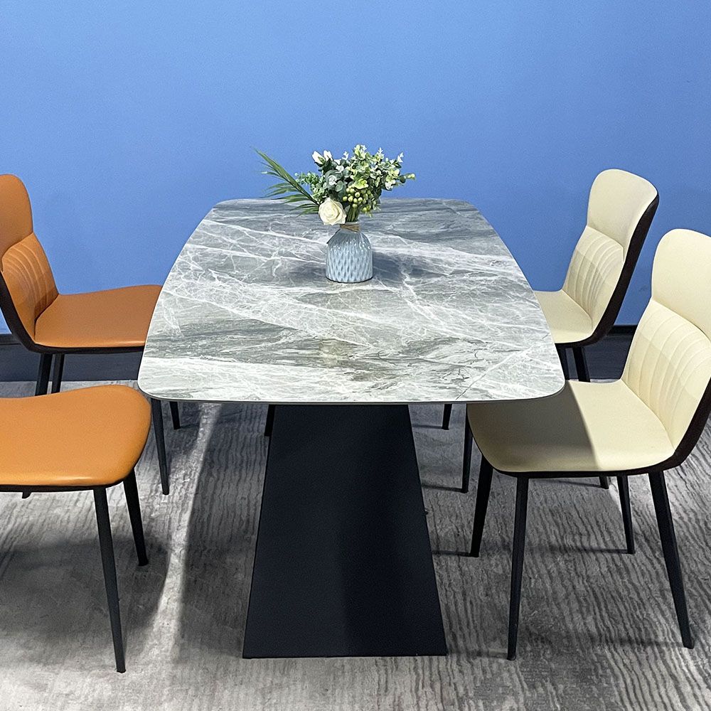 Modern Rectangle Stone-Top Dining Table with X-Shaped Pedestal Base