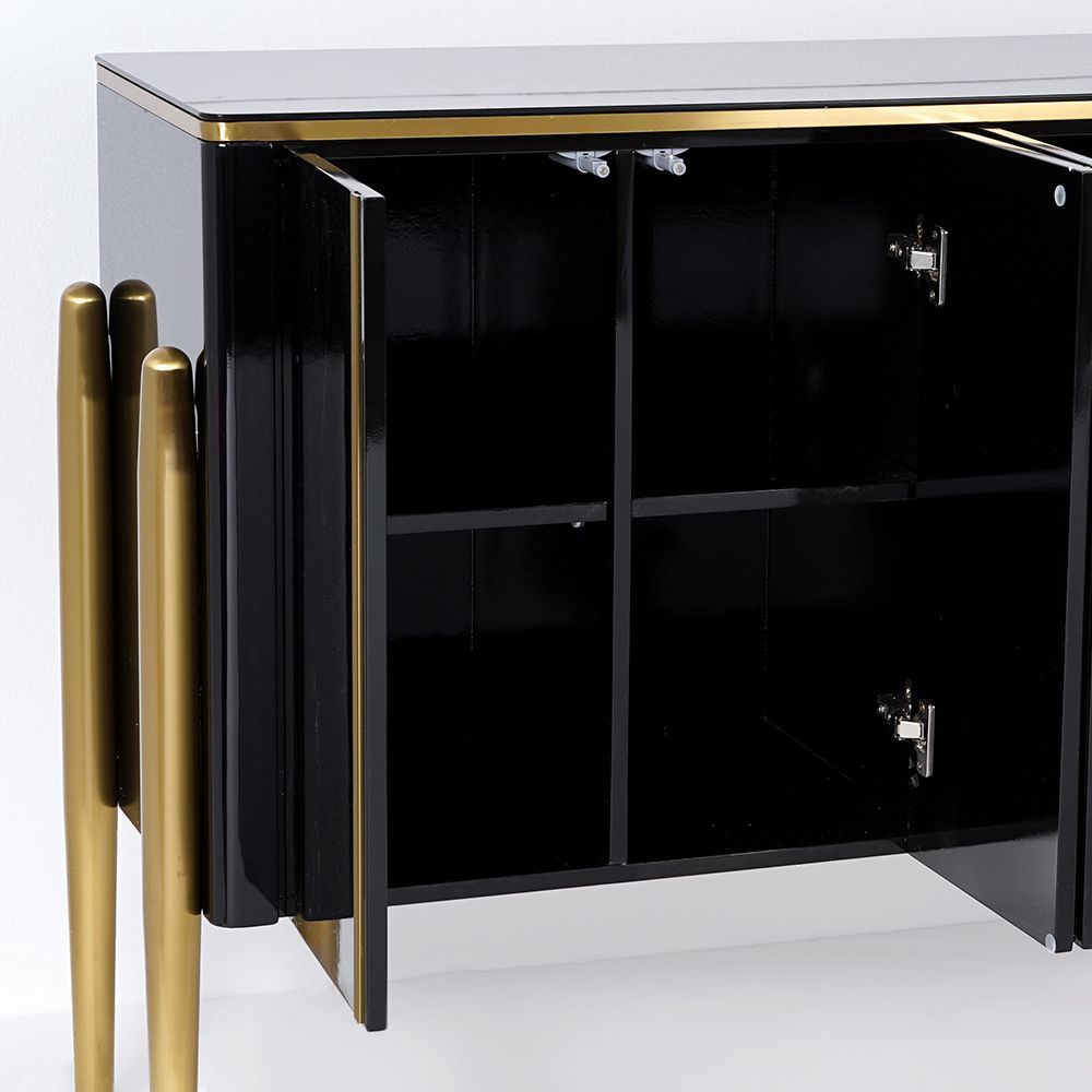Modern Black Sideboard Buffet 4 Doors & Shelves Tempered Glass Top