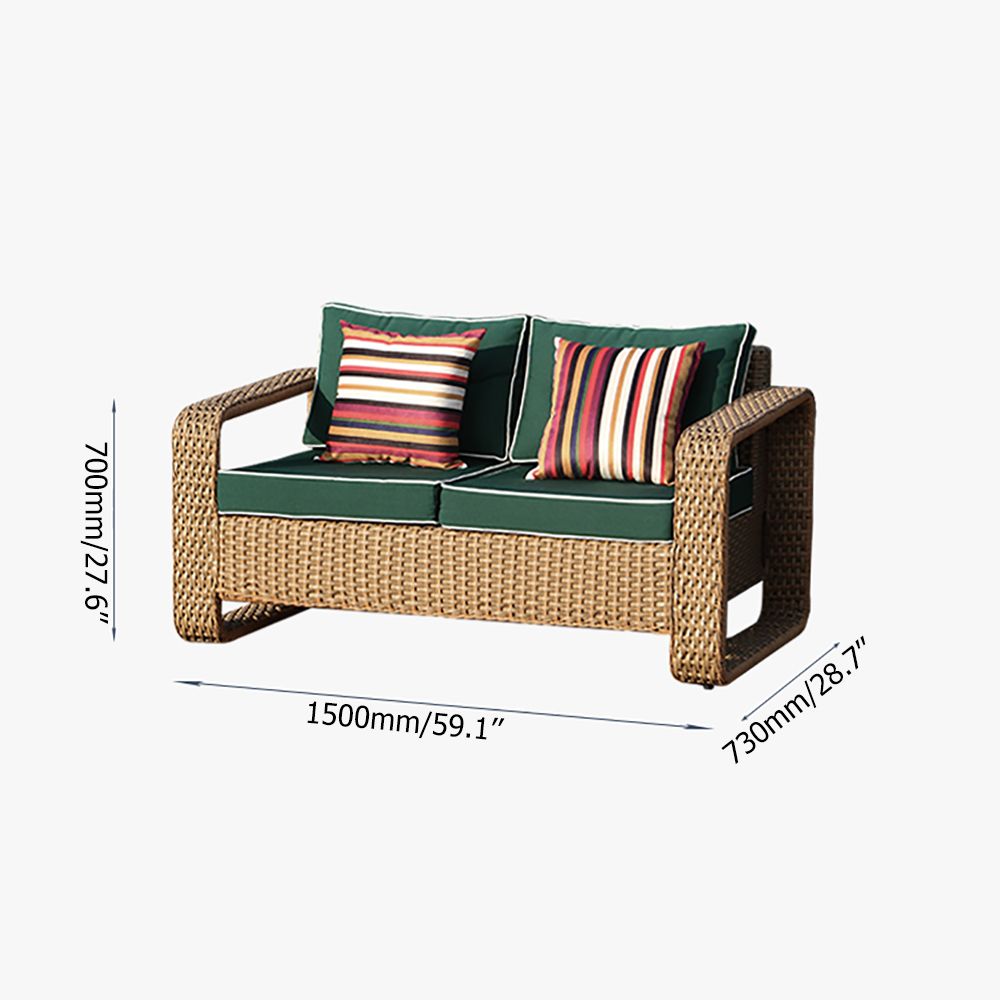 2-Seater Rattan Sofa Patio Loveseat with Green Cushions and Striped Pillow
