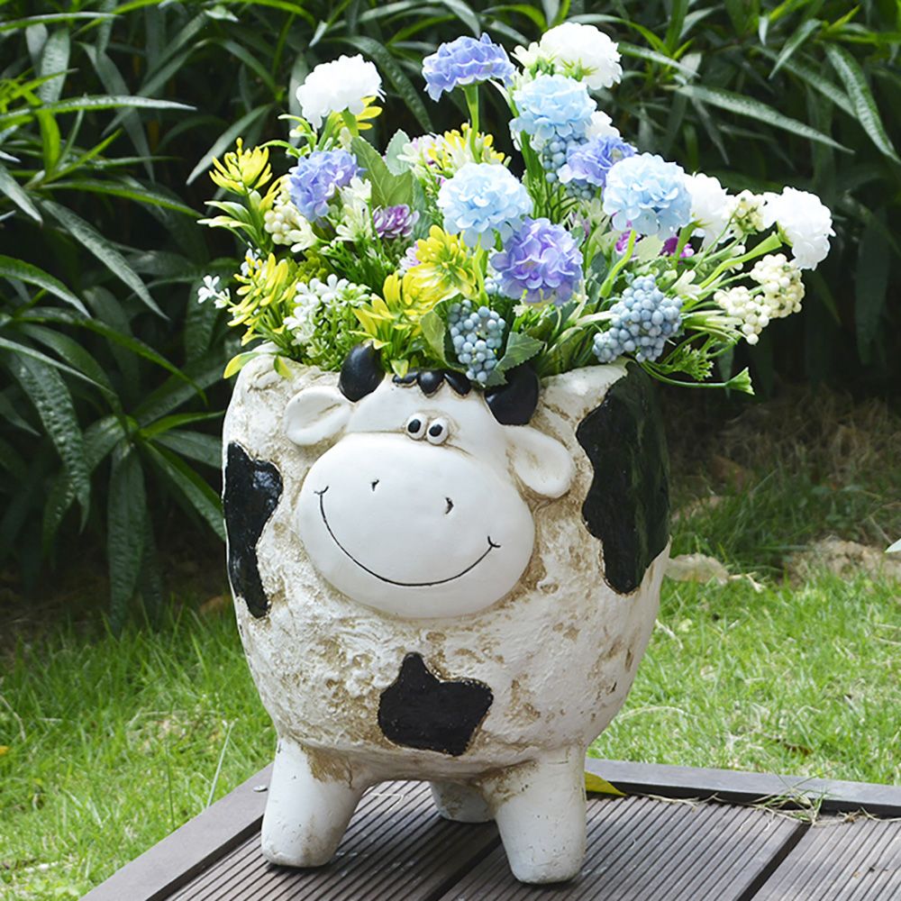 Cute Cow Resin Planter Flower Pot Adorable Storage Decoration Container