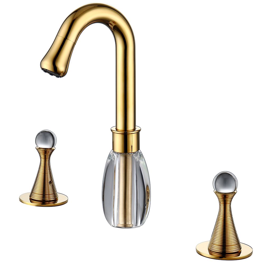 Gold Bathroom Widespread Sink Faucet Double Crystal Handle Solid Brass