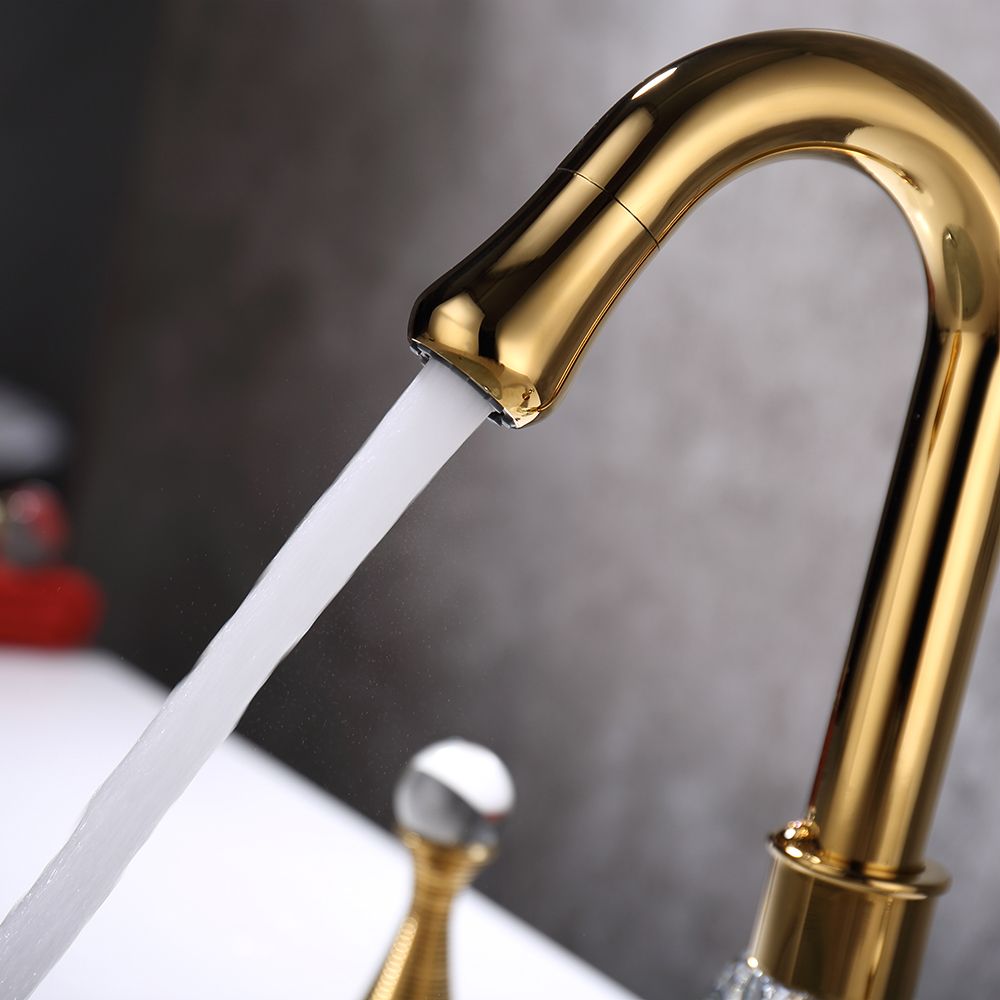 Gold Bathroom Widespread Sink Faucet Double Crystal Handle Solid Brass