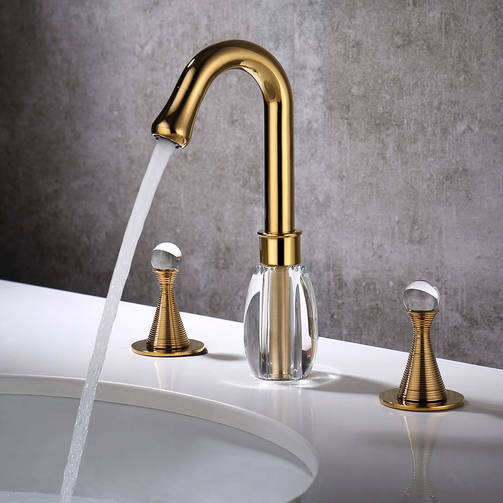 Gold Bathroom Widespread Sink Faucet Double Crystal Handle Solid Brass