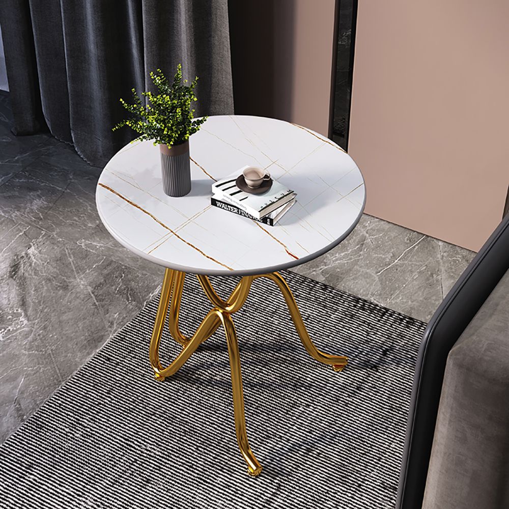 Modern White End Table Metal Side Table Stone Round Tabletop