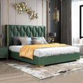 Queen Upholstered Platform Bed Green Low Profile Bed with Wood Slats-Homary