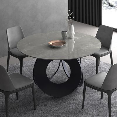 51" Round Gray Dining Table with Stone Top & Carbon Steel Base-Homary