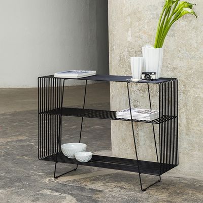 Rectangular Narrow Console Table with Shelves Industrial Metal in Black ...