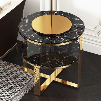 Round Black Marble Gold End Table with Storage Nightstand 2 Tier-Homary