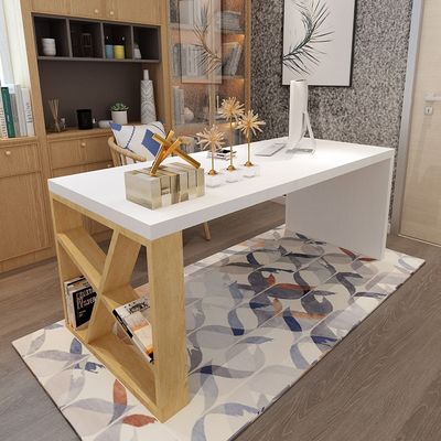 Modern White and Natural Rectangular Writing Desk with Shelves-Homary