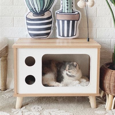 19.7" Square Wooden Cat House TV-Shape Cat Bed with Teasing Toy-Homary