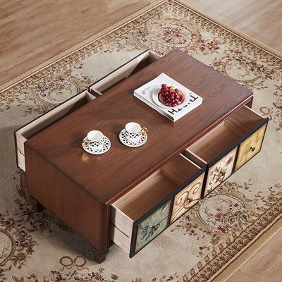 Farmhouse Wood Coffee Table with Drawers in Birch & MDF Mahogany Rustic ...
