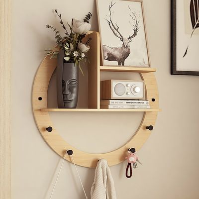 Modern Round Wall Mounted Coat Rack with Shelf in Natural-Homary