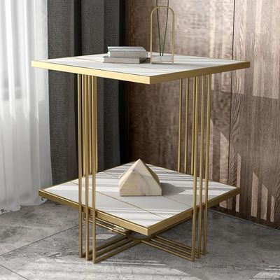 White Sintered Stone Top Side Table with Storage and Geometric Gold ...