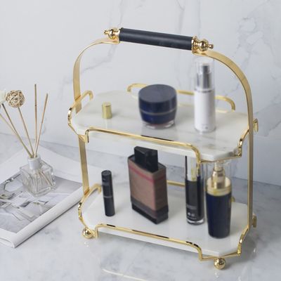 White 2-Tier Modern Marble Desk Organizer Vanity Tray with Handle-Homary