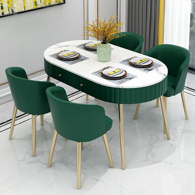 Green Oval Dining Table with Drawer Marble Top & Metal Legs-Homary