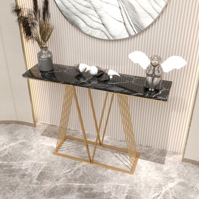 Modern Black Narrow Console Table with Marble Top-Homary