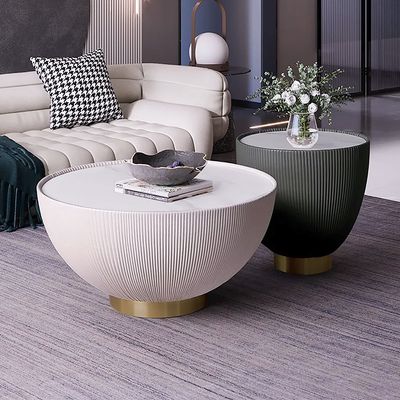 Modern Beige & Gray Drum Coffee Table Stone Round PU-Leather ...