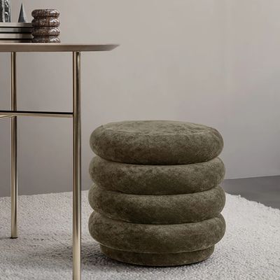 Round Green Velvet Vanity Stool in Piled-up Design-Homary