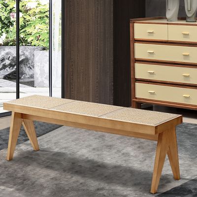 Natural Contemporary Rattan Upholstered Entryway Bench with Solid Wood ...