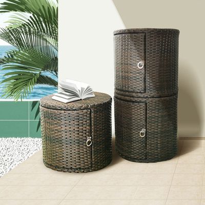 Outdoor Round Side Table with Storage 1-Door Garden Storage Rattan-Homary