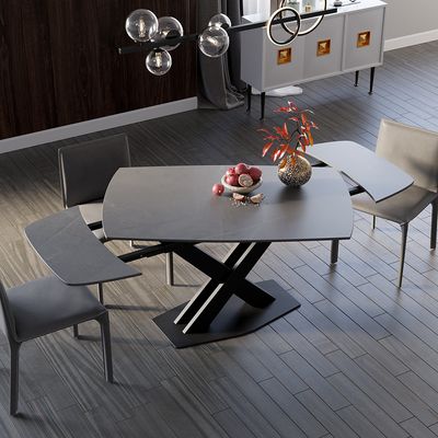 71" Modern Expandable Gray Faux Marble Dining Table with Leaf X-Base 4 ...