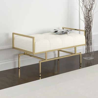 Modern White Entryway Bench Faux Leather Upholstered Tufted Bench Gold ...