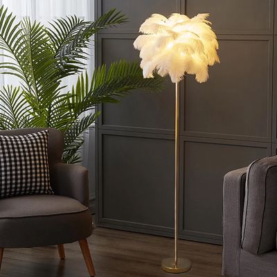 Modern Floor Lamp with White Feather Shade Gold Finish-Homary