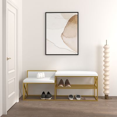 Modern PU Leather Upholstered Entryway Bench White with Gold Legs-Homary