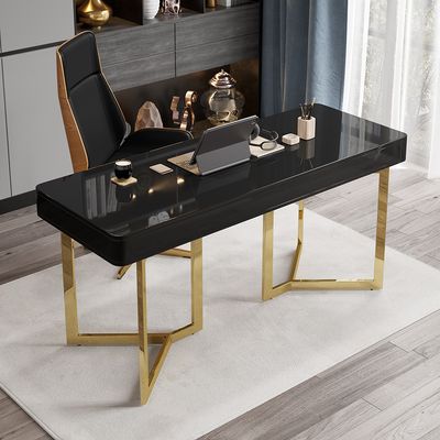 2-Drawers Black Office Desk 55" Modern Writing Desk Gold Tripod Base ...