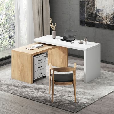 Modern Swivel Desk with Movable File Cabinet White & Natural L-Shaped ...