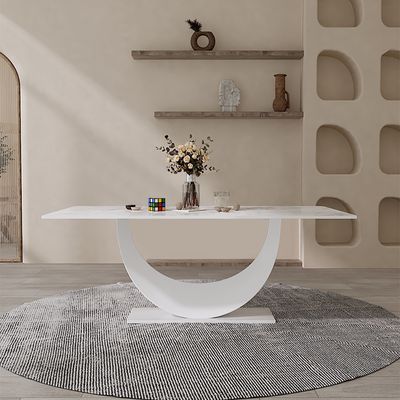 71" White Faux Marble Dining Table for 8 Crescent Base Sintered Stone ...