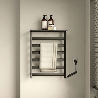 Black Wall-Mount Electric Towel Warmer Heated Towel Rack with Top Shelf ...